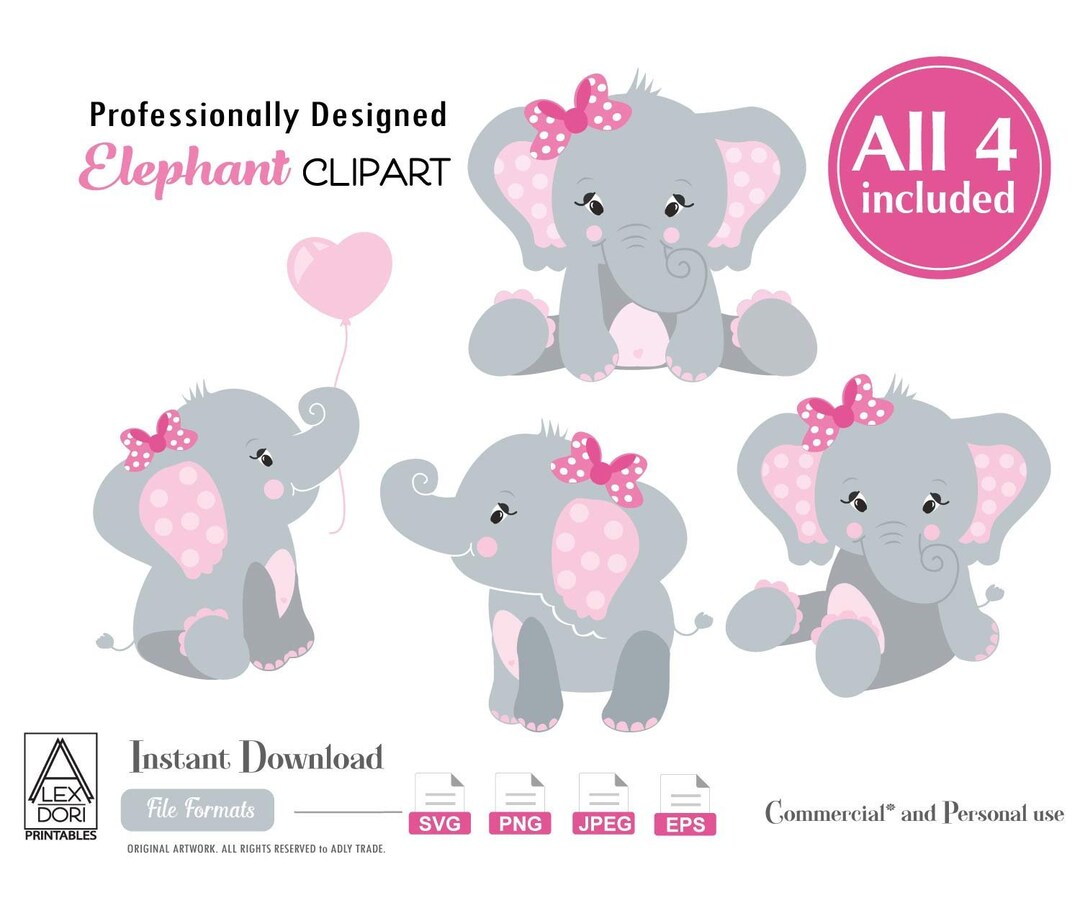Girl Elephant Clipart: Pink & Gray SVG, PNG Files (commercial Use) - Etsy