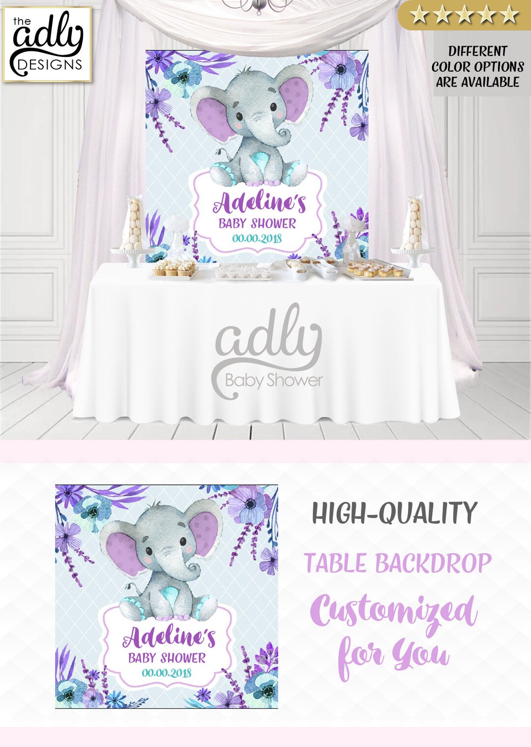 Purple Teal Elephant Backdrop, Baby Shower Candy Table Banner, Birthday ...