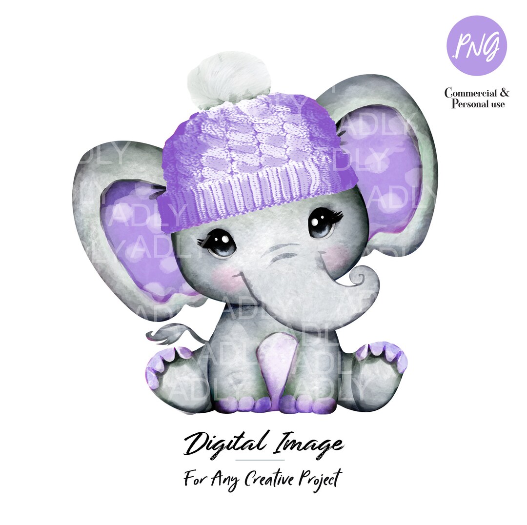 Purple Elephant Girl Clip Art, Winter Hat Baby Elephant With Lavender ...