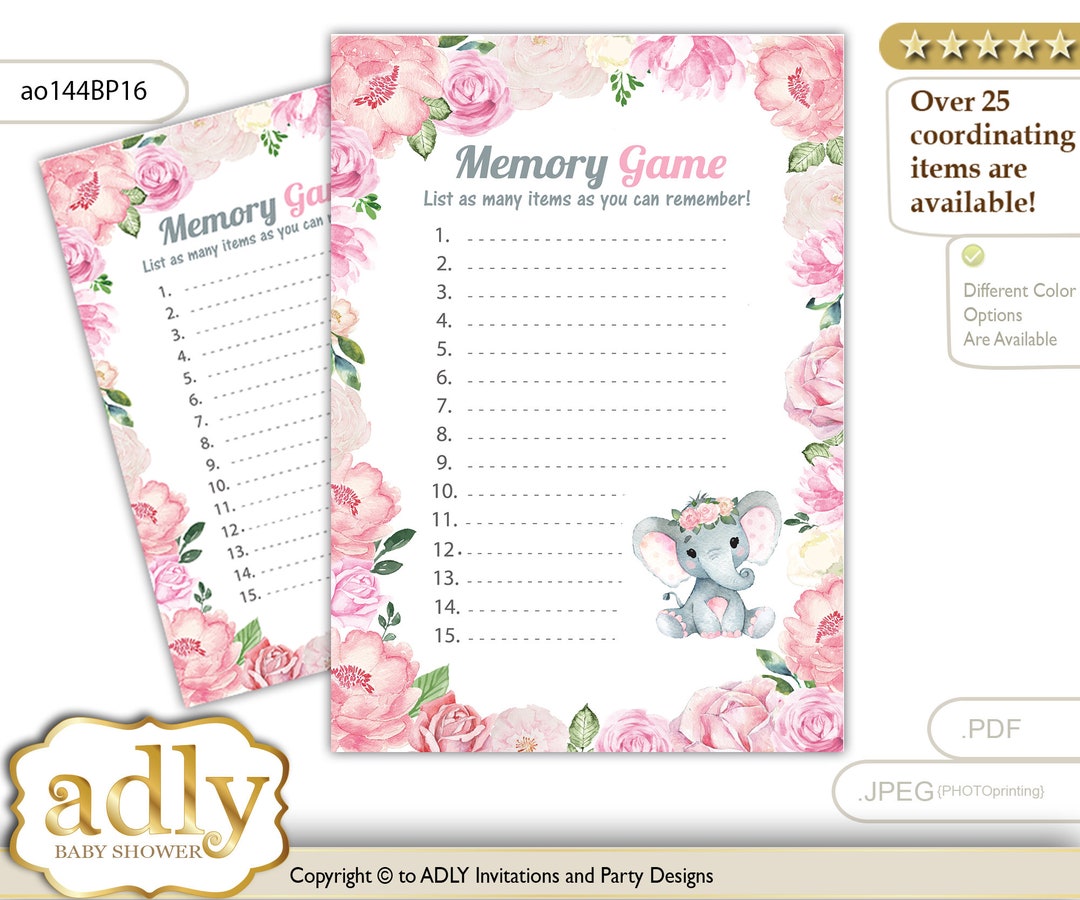 Girl Elephant Memory Game for Baby Shower Printable Card for Baby ...