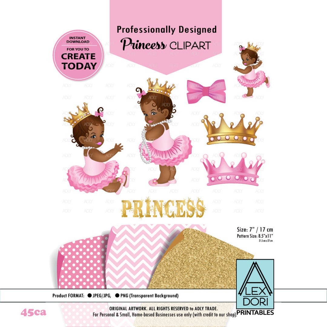 African American Baby Girl Pink and Gold Digital Clipart,crown ...