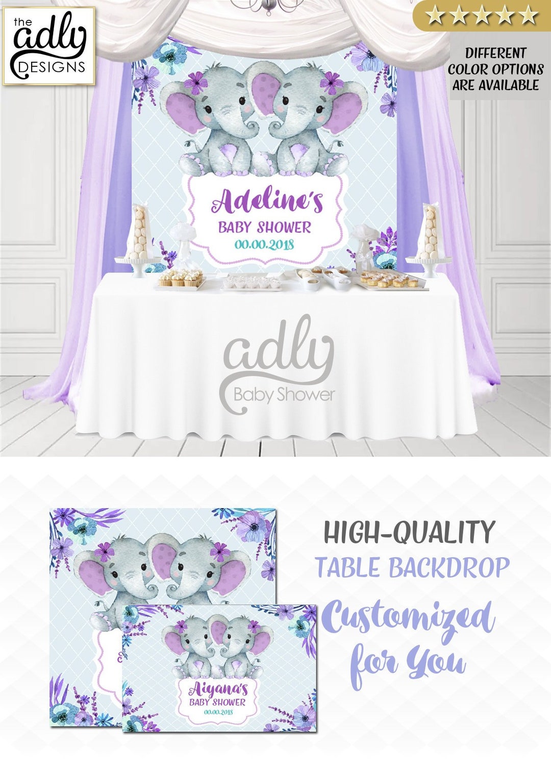 Twin Elephants Backdrop, Girls Baby Shower Candy Table Digital Backdrop ...