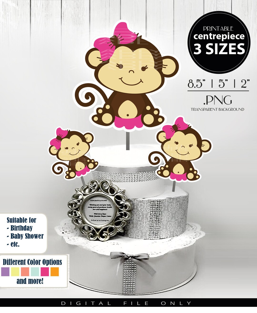 Baby Monkey Centerpiece, Cake Topper, Clip Art Decoration in Dark Brown ...