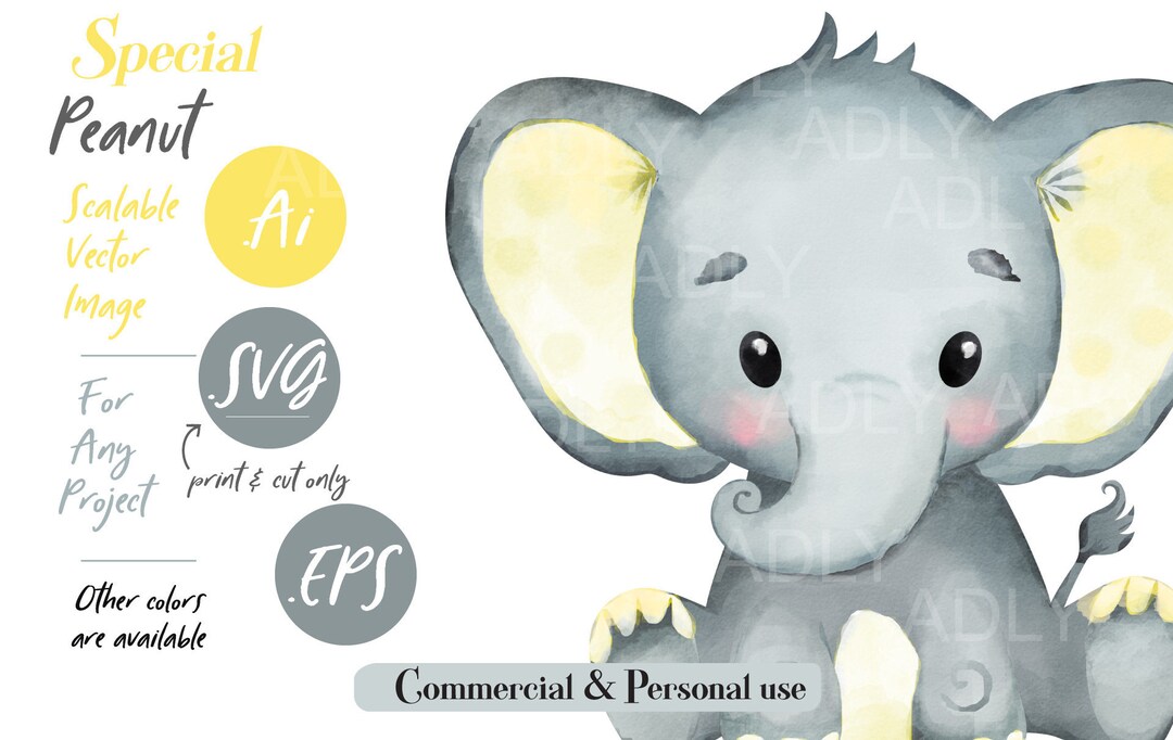 Watercolor Elephant Clipart: Yellow & Gray, Commercial Use (PNG, EPS ...