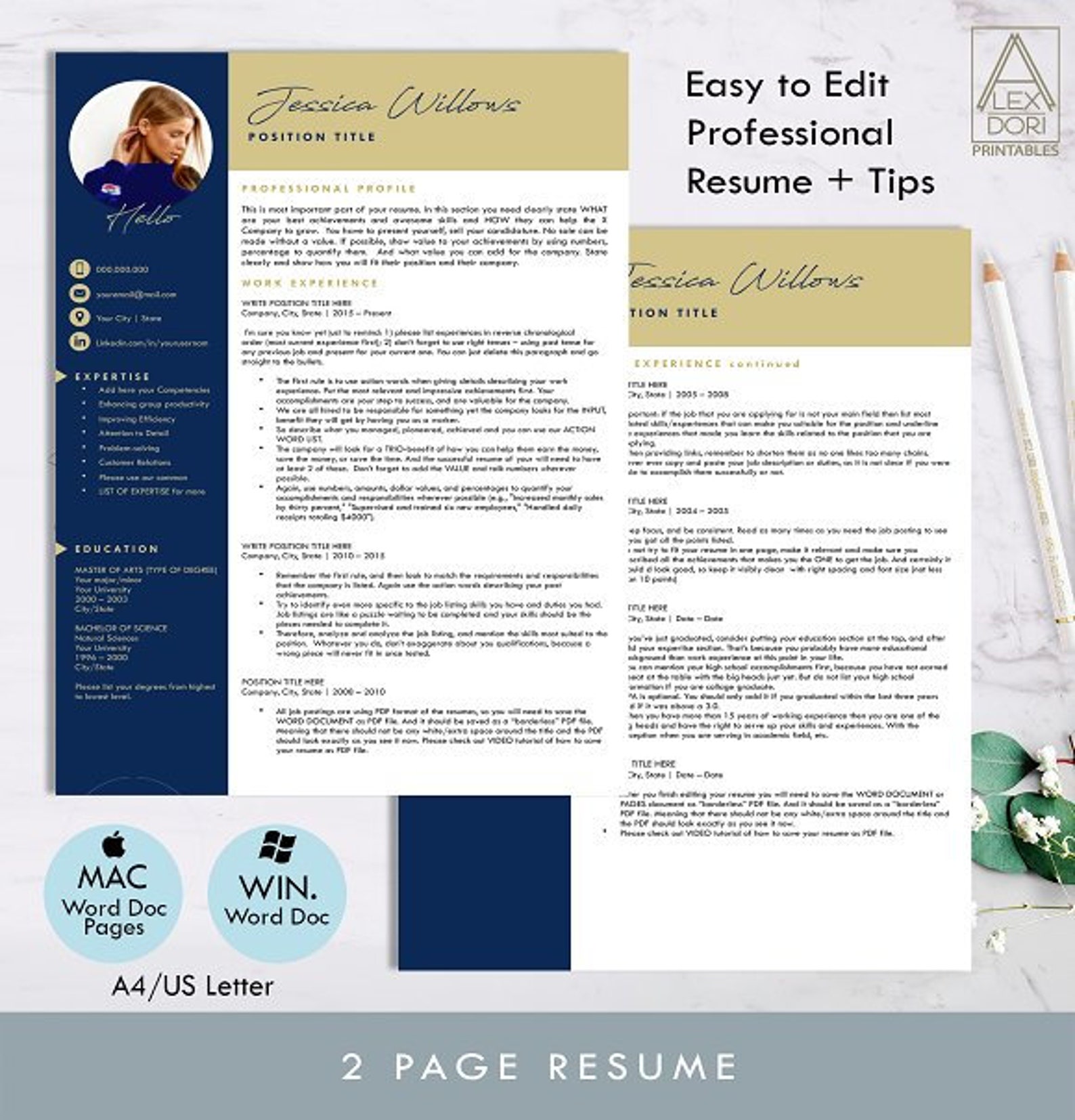 Modern Resume Template With Photo in Navy & Gold ALL-IN-ONE for Mac ...