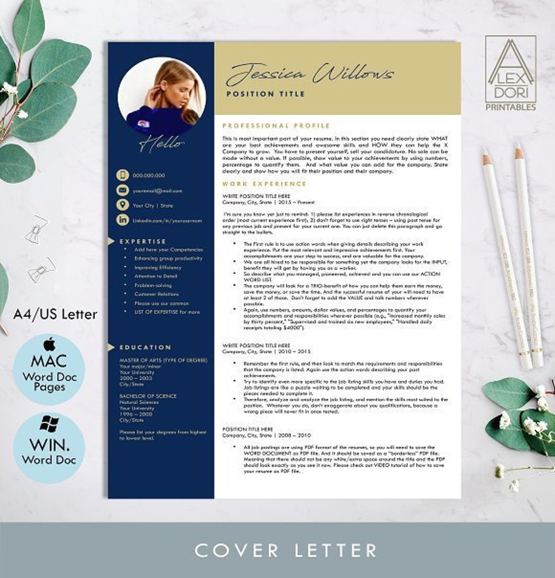 Modern Resume Template With Photo in Navy & Gold ALL-IN-ONE for Mac ...