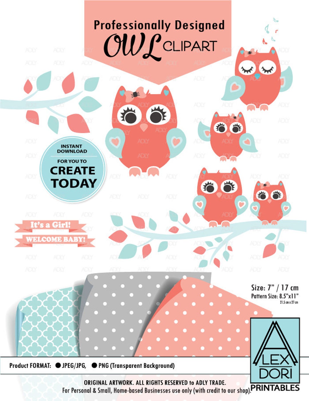 Coral Aqua Girl Owl Clipart, Baby Peach,light Turquoise, Owl Clip Art ...