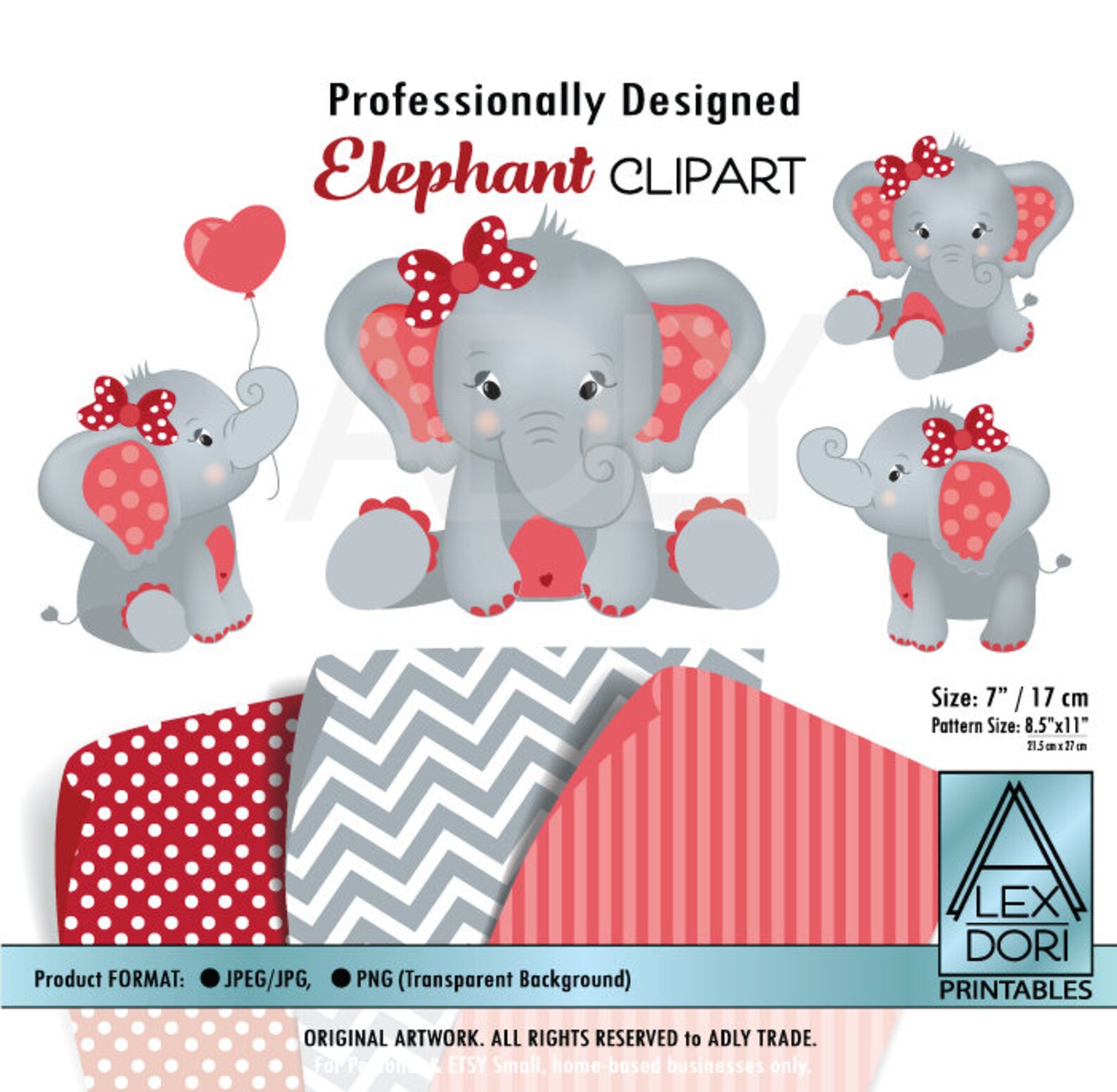 Girl Elephant Clipart Red and Gray Peanut Clip Art Png File. | Etsy