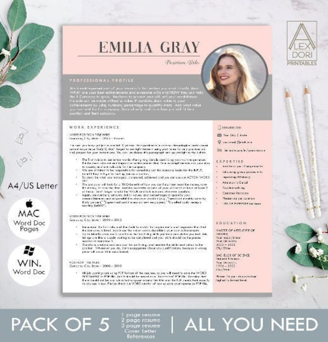 Photo Resume Template, Clean Resume, Blush Pink Gray Minimalistic, for ...