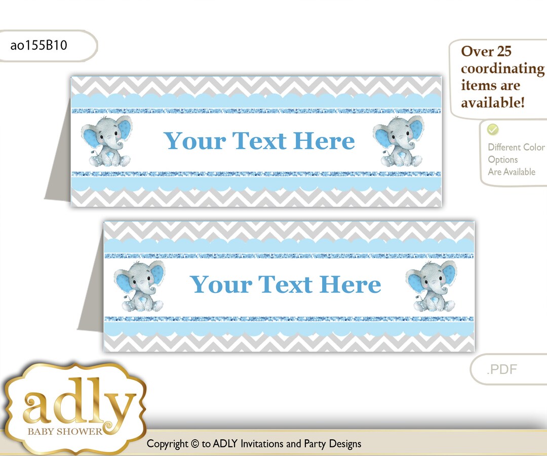 Boy Elephant Baby Blue Chevron Food Tent Label, Menu Printable Card for ...