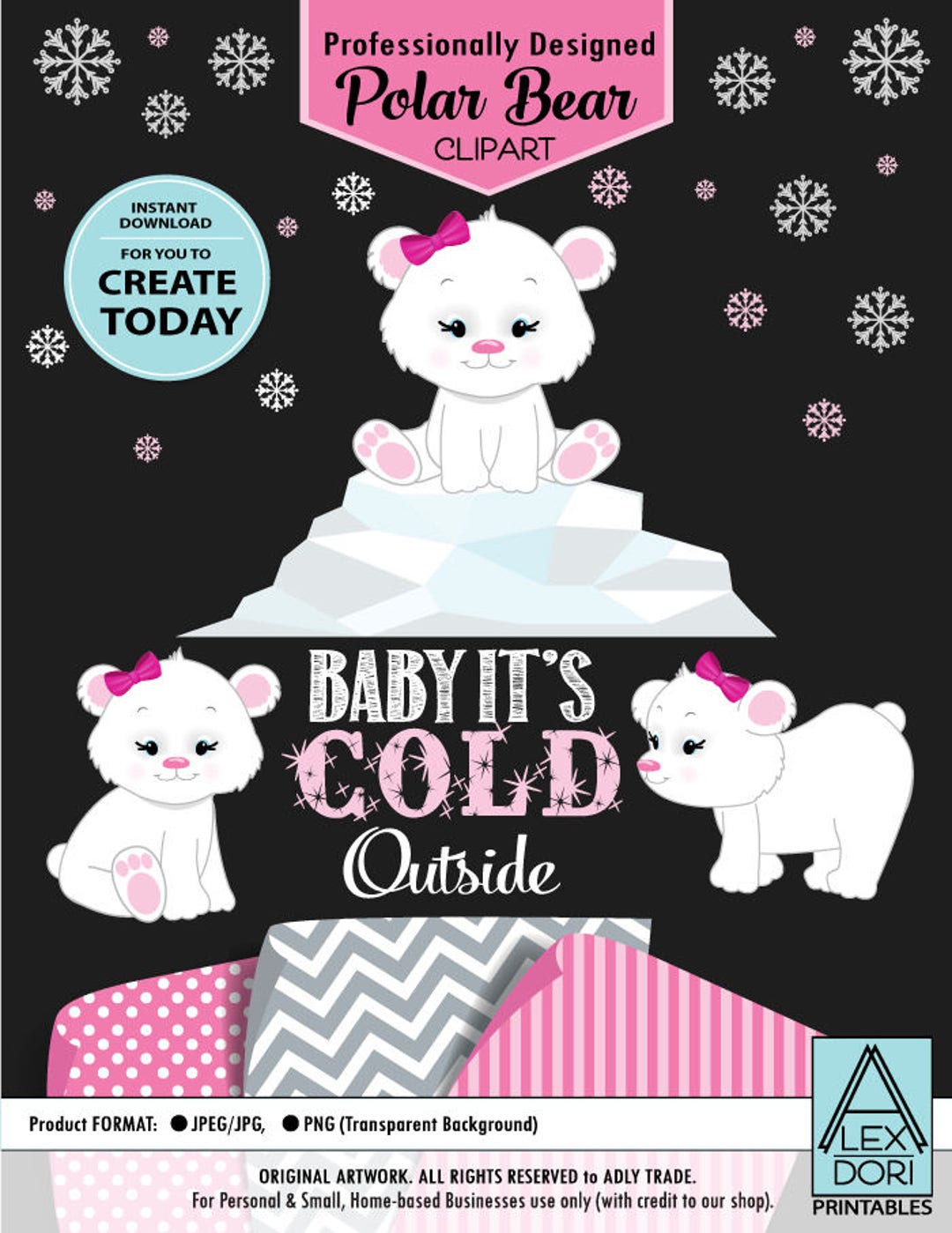 Baby Polar Bear Cliparts Set, Pink Bear, Winter Nursery, Iceberg ...