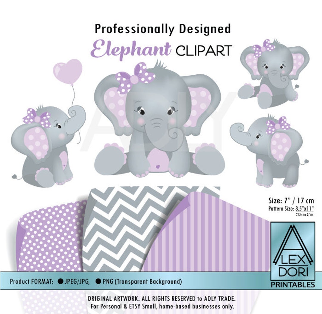 Cute Elephant Clip Art, Baby Girl Purple and Gray Peanut Clip Art, Png ...