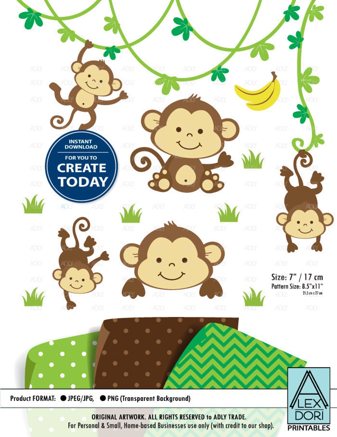 Monkey Clip Art, Boy Monkey Print, Safari Kids Clip Art, Baby Monkey ...