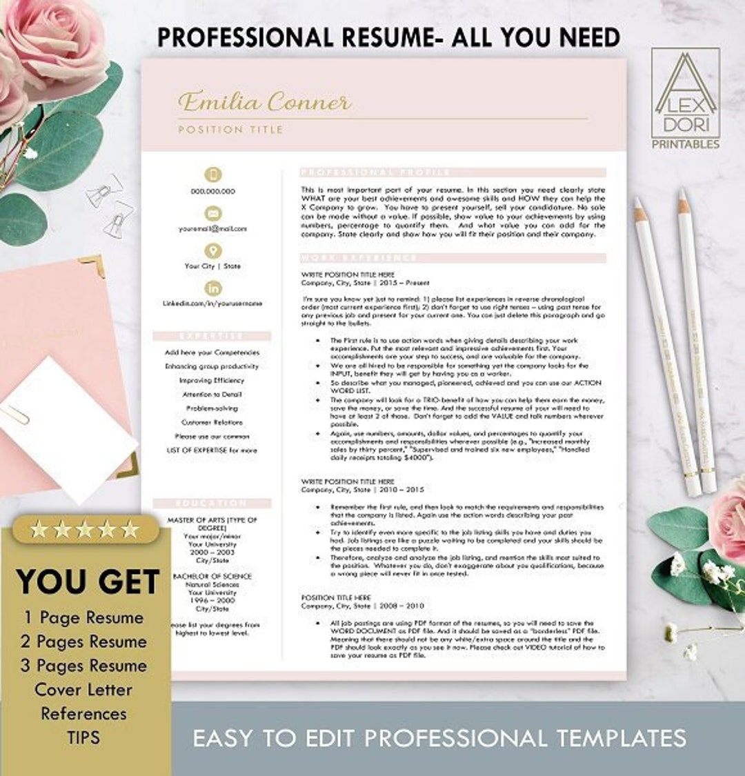 Resume Templates, Blush Pink and Gold, Clean and Modern, Minimalist ...