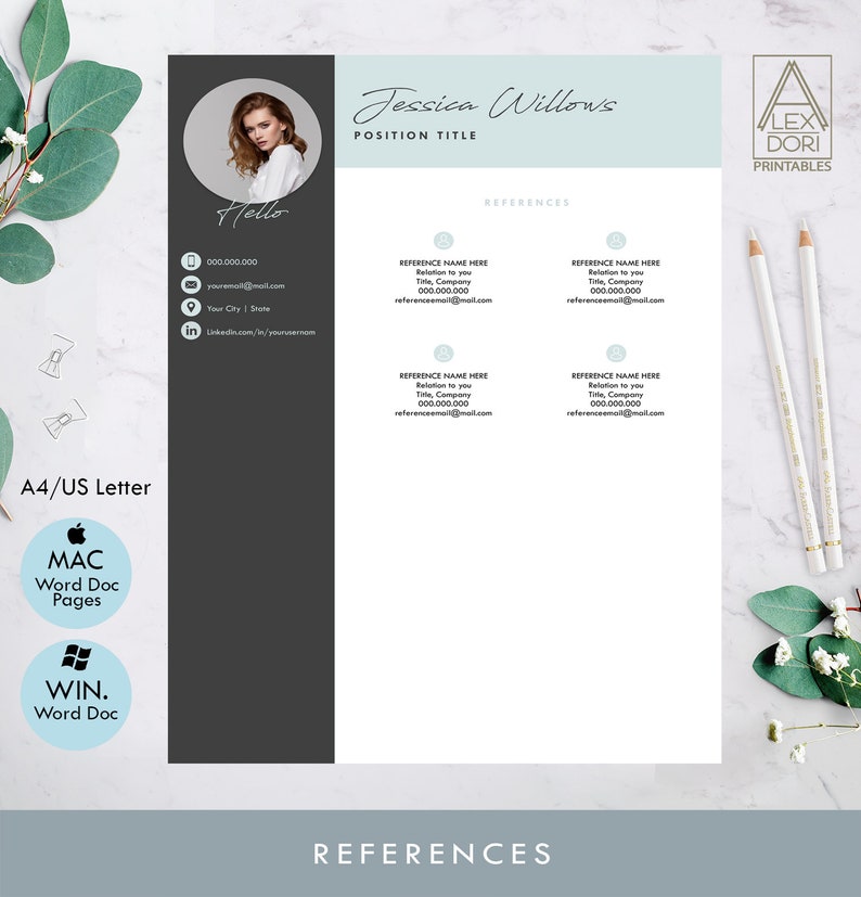 Modern resume template with pictures in mint and dark gray | Etsy