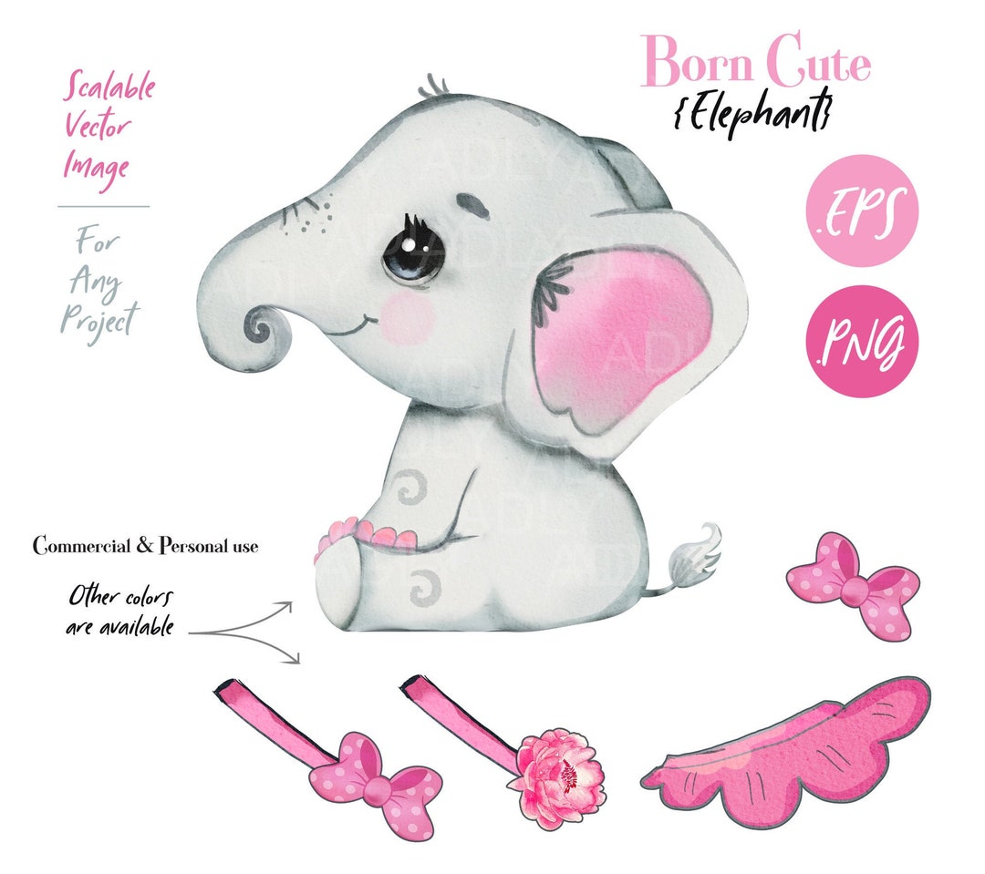 Super Cute Lttle Girl Elephant With Bow, Headband, Skirt. Watercolor ...