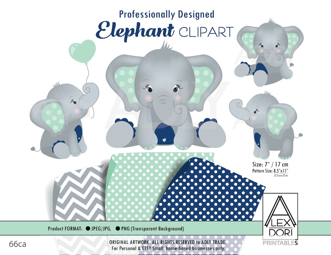 Mint Navy Blue Elephant Clipart,baby Peanut Clip Art, Png File.nursery ...