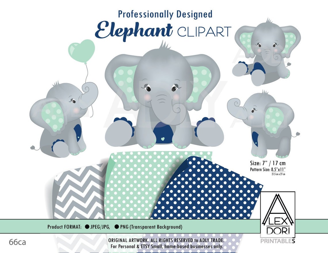 Mint Navy Blue Elephant Clipartbaby Peanut Clip Art Png | Etsy