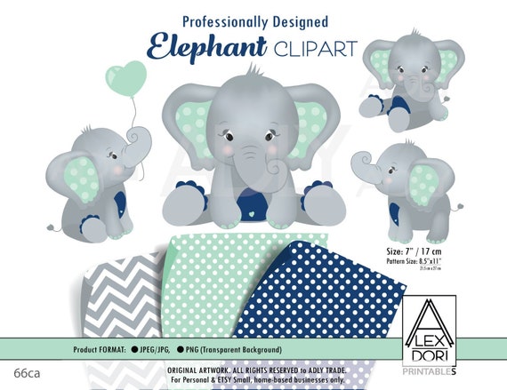 Mint Navy Blue Elephant Clipartbaby Peanut Clip Art Png | Etsy