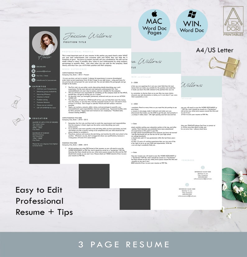 Modern Resume Template With Pictures in Mint and Dark Gray - Etsy