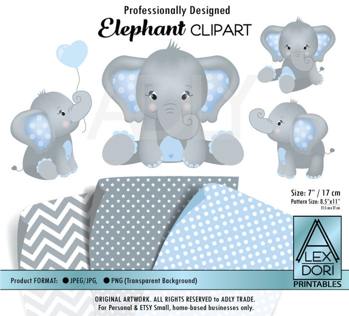 Gray Elephant Clipart Baby Blue and Grey Peanut Clip Art Png - Etsy