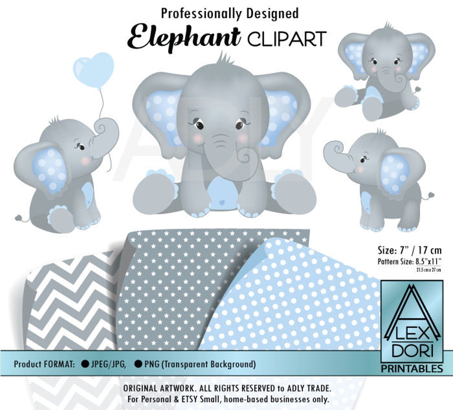 Gray Elephant Clipart, Baby Blue and Grey Peanut Clip Art, Png File ...
