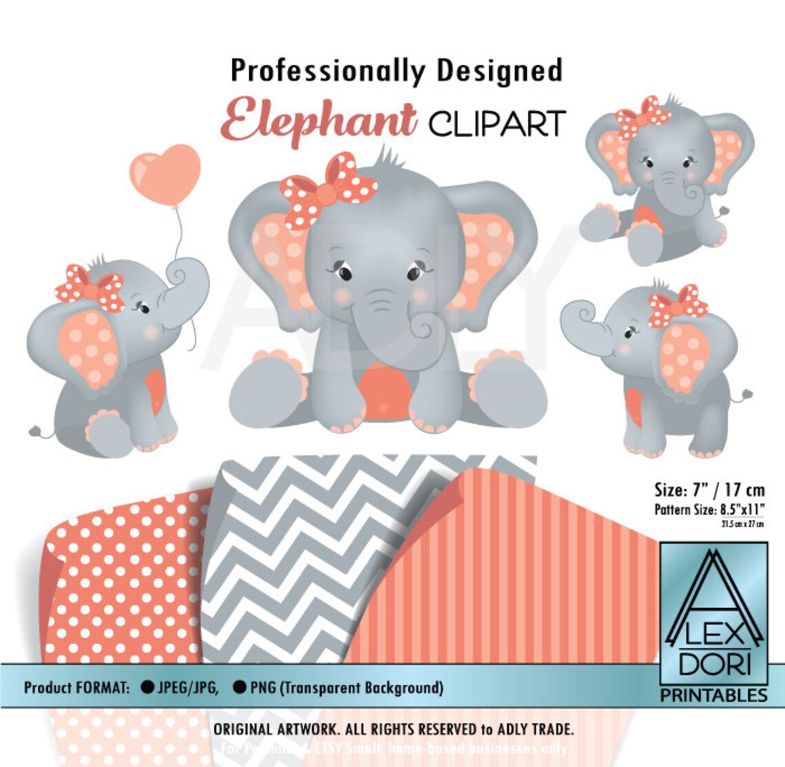 Girl Elephant Clipart Coral Gray Baby Peanut Clip Art Png - Etsy