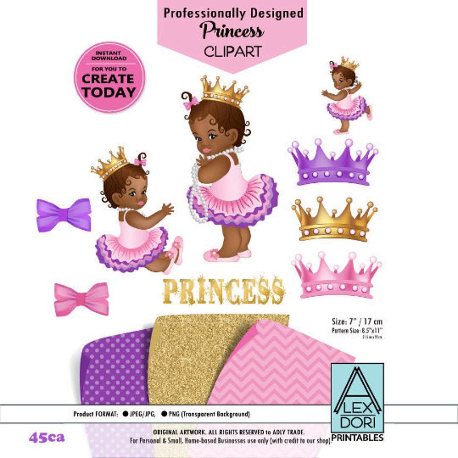 African Princess Clip Art, Baby Girl Pink,purple, Gold Digital Clipart ...