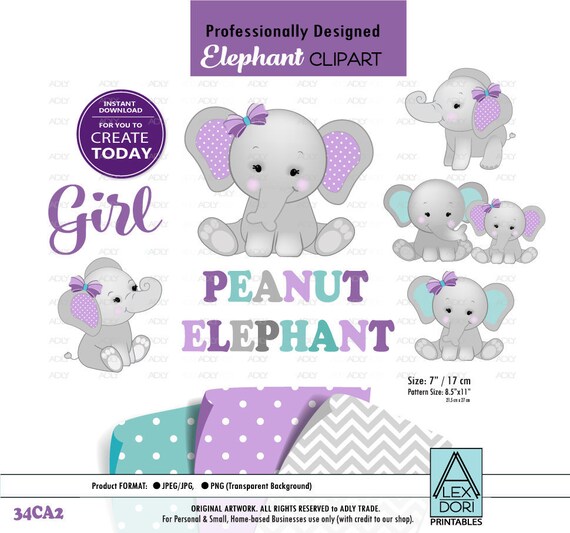 Elephant Mommy and Baby Clip Art Peanut Gray Purple Teal Baby | Etsy