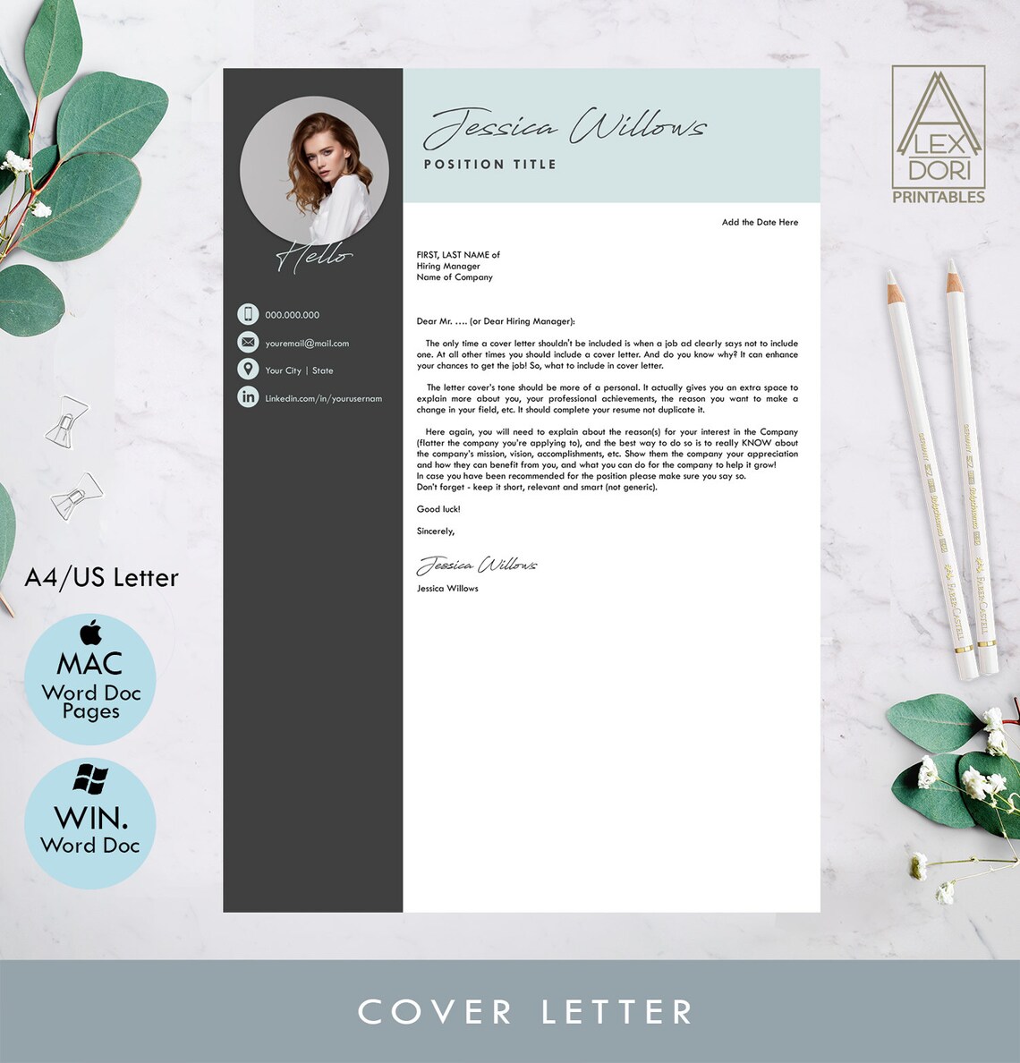 Modern resume template with pictures in mint and dark gray | Etsy
