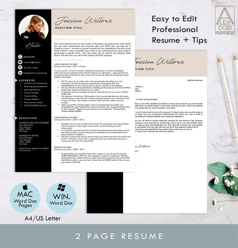 Modern Resume Template With Pictures blush Black Clean - Etsy