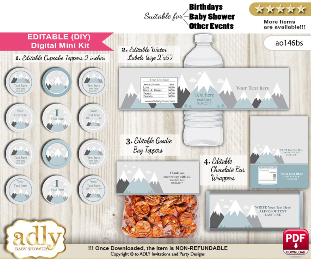 DIY Editable Adventure Mountain Birthday, Baby Shower, Kit-cupcake ...