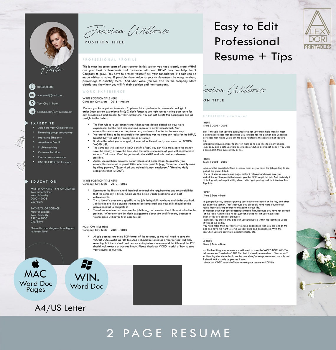 Modern Resume Template With Pictures in Mint and Dark Gray - Etsy