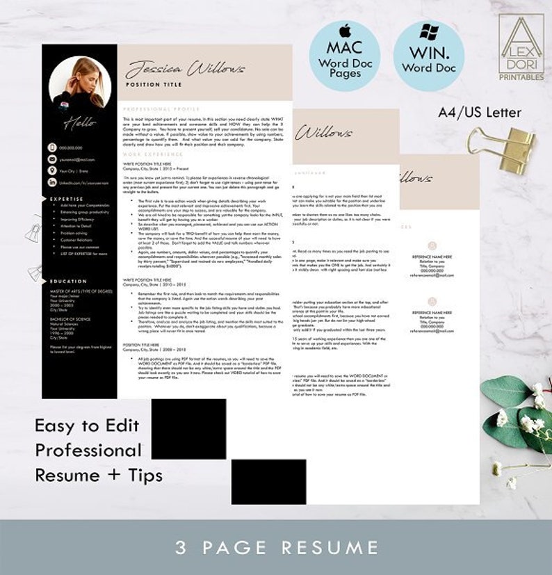 Modern Resume Template With Pictures blush Black Clean - Etsy