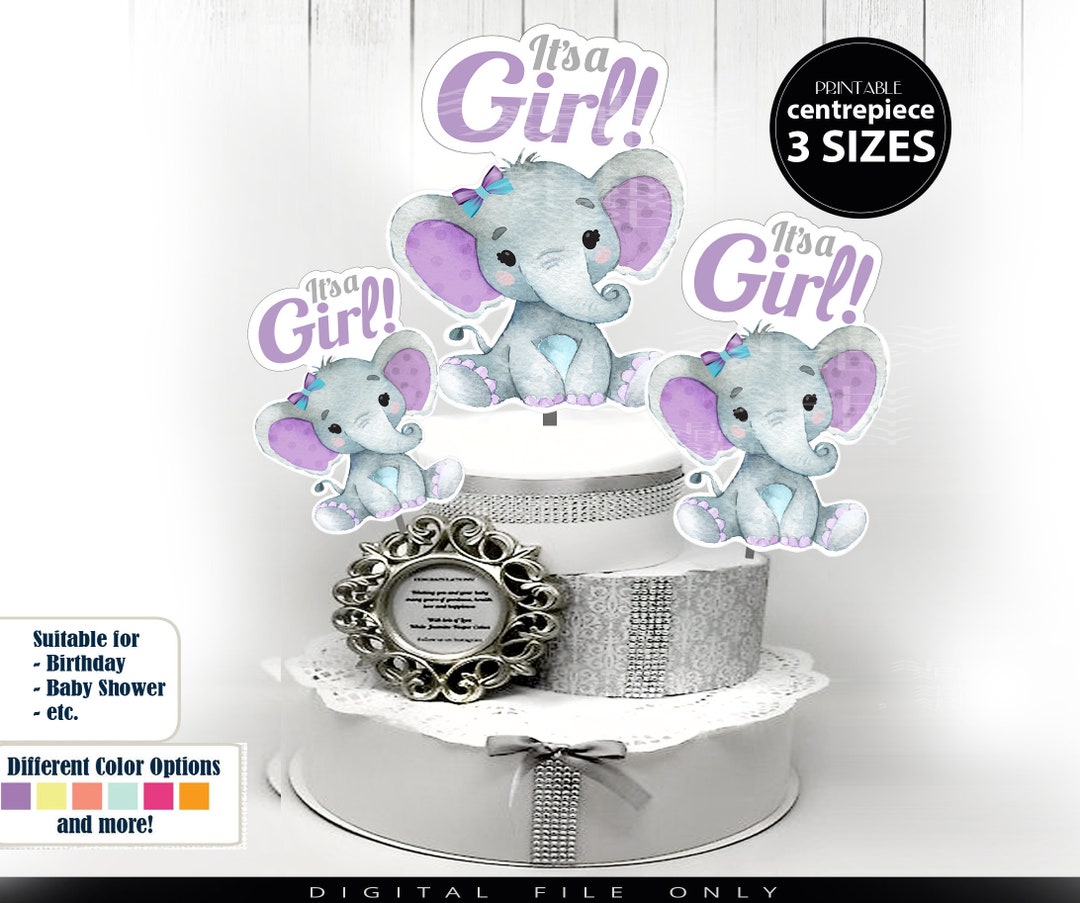 Purple Teal Girl Elephant Clip Art Centrepiece for Baby Shower, Table ...