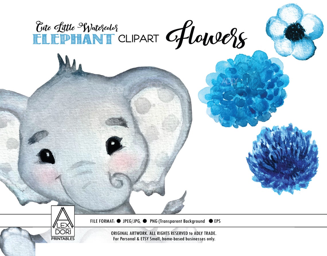 Watercolor Elephant Clip Art With Flowers Boy Elephant for | Etsy