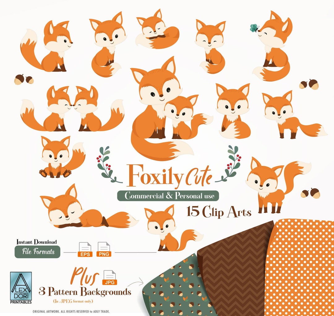 Fox Clip Art, Cute Little Baby Fox, Mommy, Woodland Vector Clipart Png ...