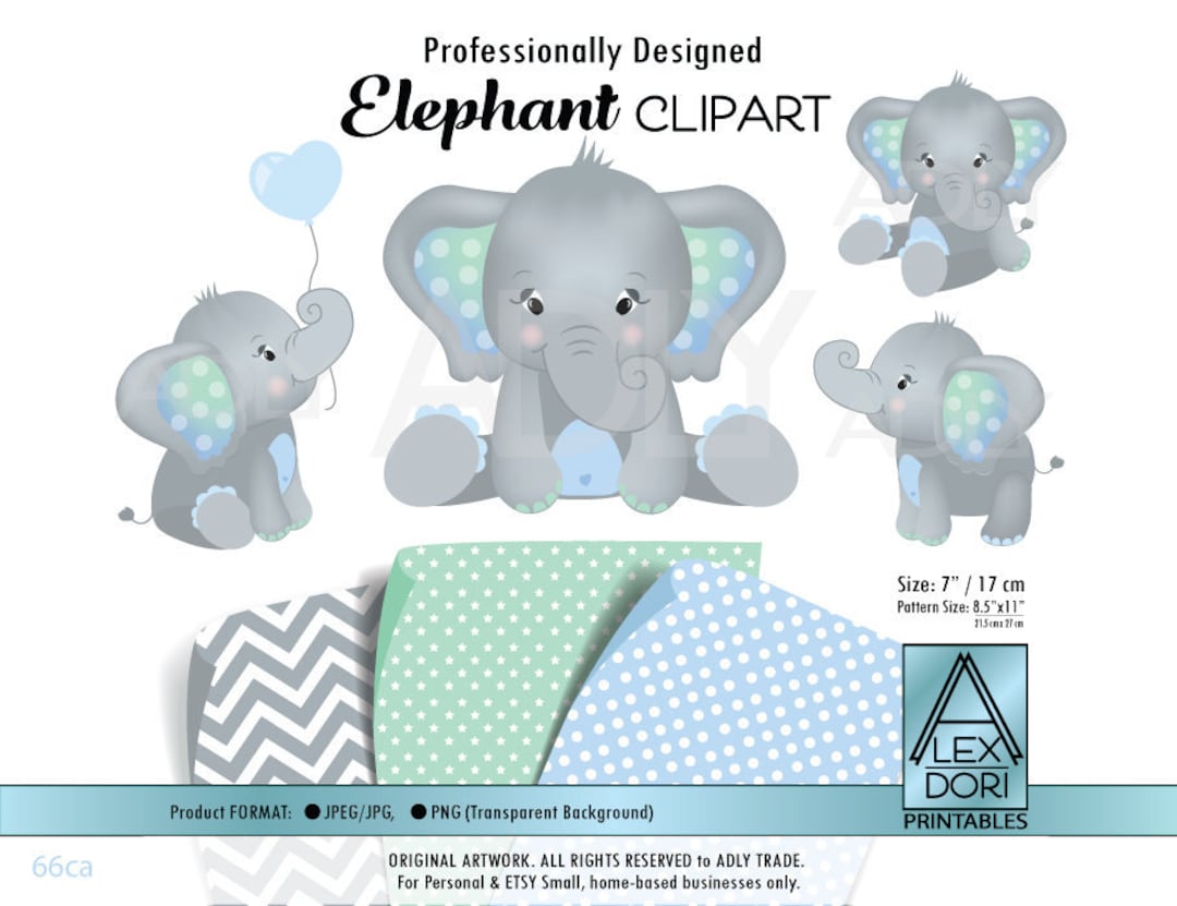 Blue Mint Elephant Clipart, Baby Peanut Clip Art, Png File. Nursery ...