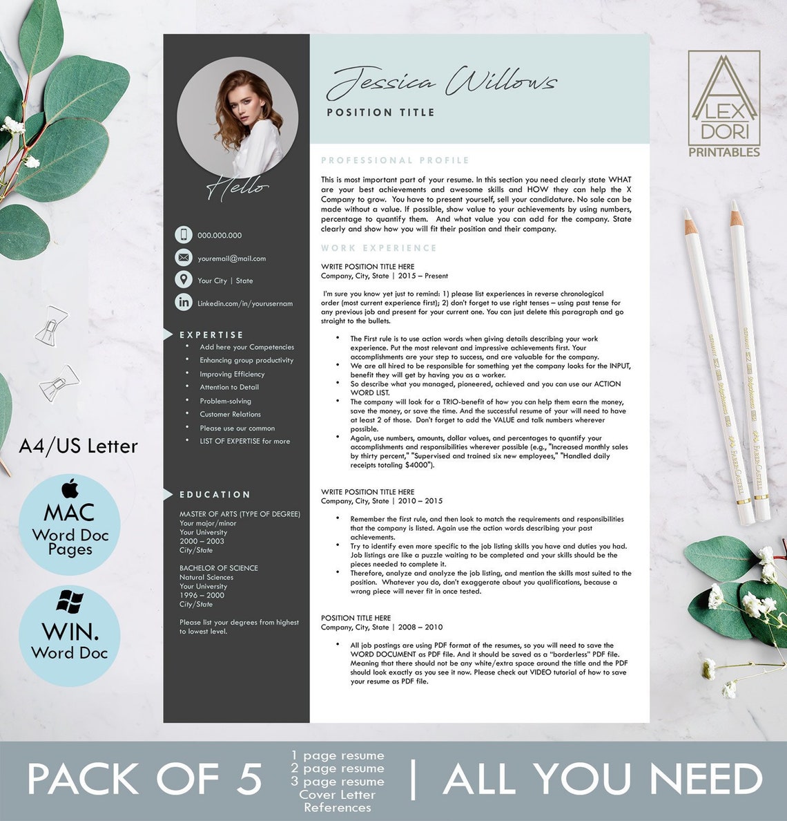Modern resume template with pictures in mint and dark gray | Etsy