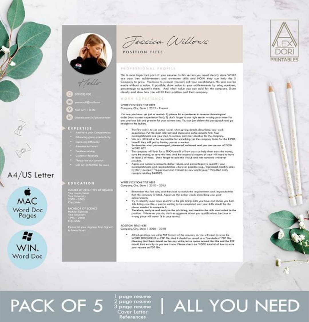 Resume Templates in Blush Pink and Gray, Modern Resume Templates ...