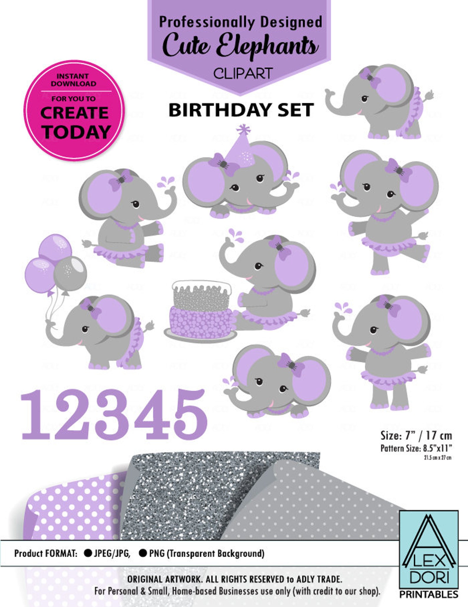 Purple Gray Girl Elephant Clip Art Baby Grey Peanut Clip Art | Etsy