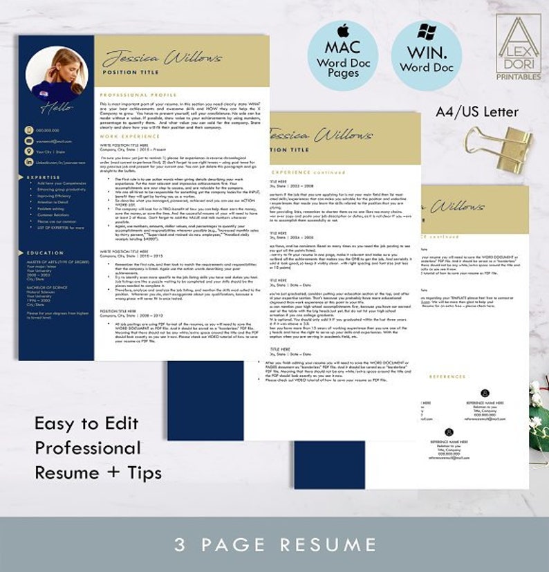 Navy & Gold Resume Template With Photo: Modern CV Design (digital ...