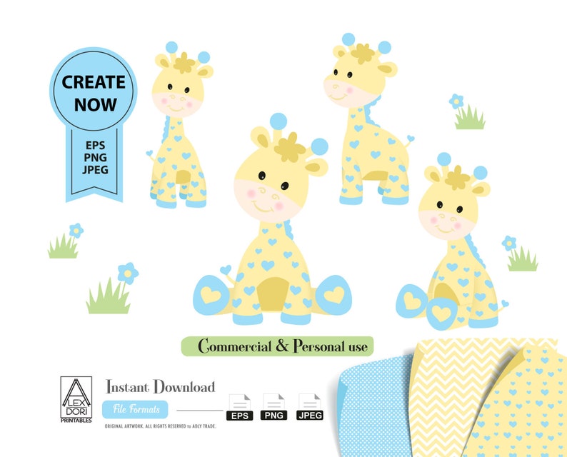 Boy Giraffe Clip Art Blue and Yellow Cute Little Boy Giraffe - Etsy