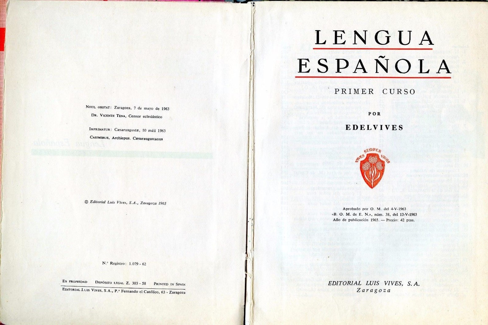 LENGUA ESPAÑOLA PRIMER Vintage School Book Libro Texto Colegio 1965 ...