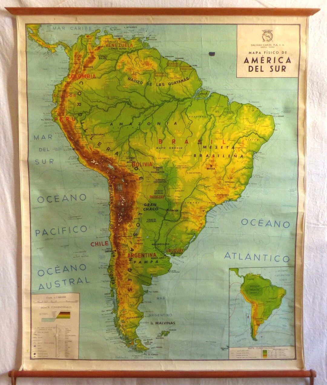 Vintage Roll SCHOOL MAP América Del Sur Antique Poster 101x120cm 1965 ...