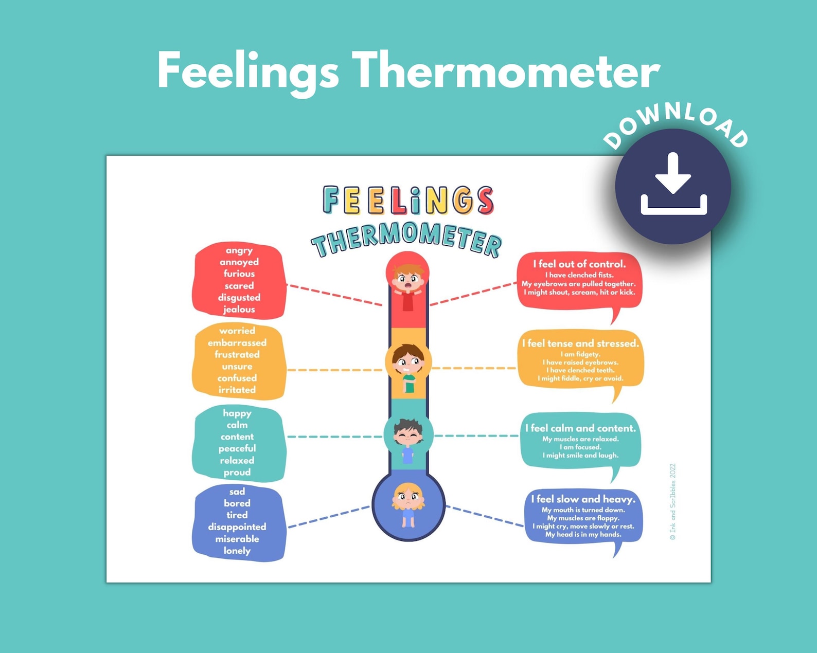 Feelings Thermometer Chart for Kids: Emotional Regulation (digital ...