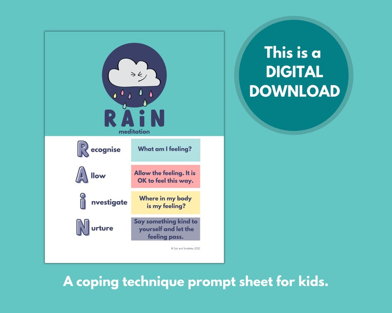 RAIN Coping Technique Poster for Kids: Anxiety Relief (printable ...