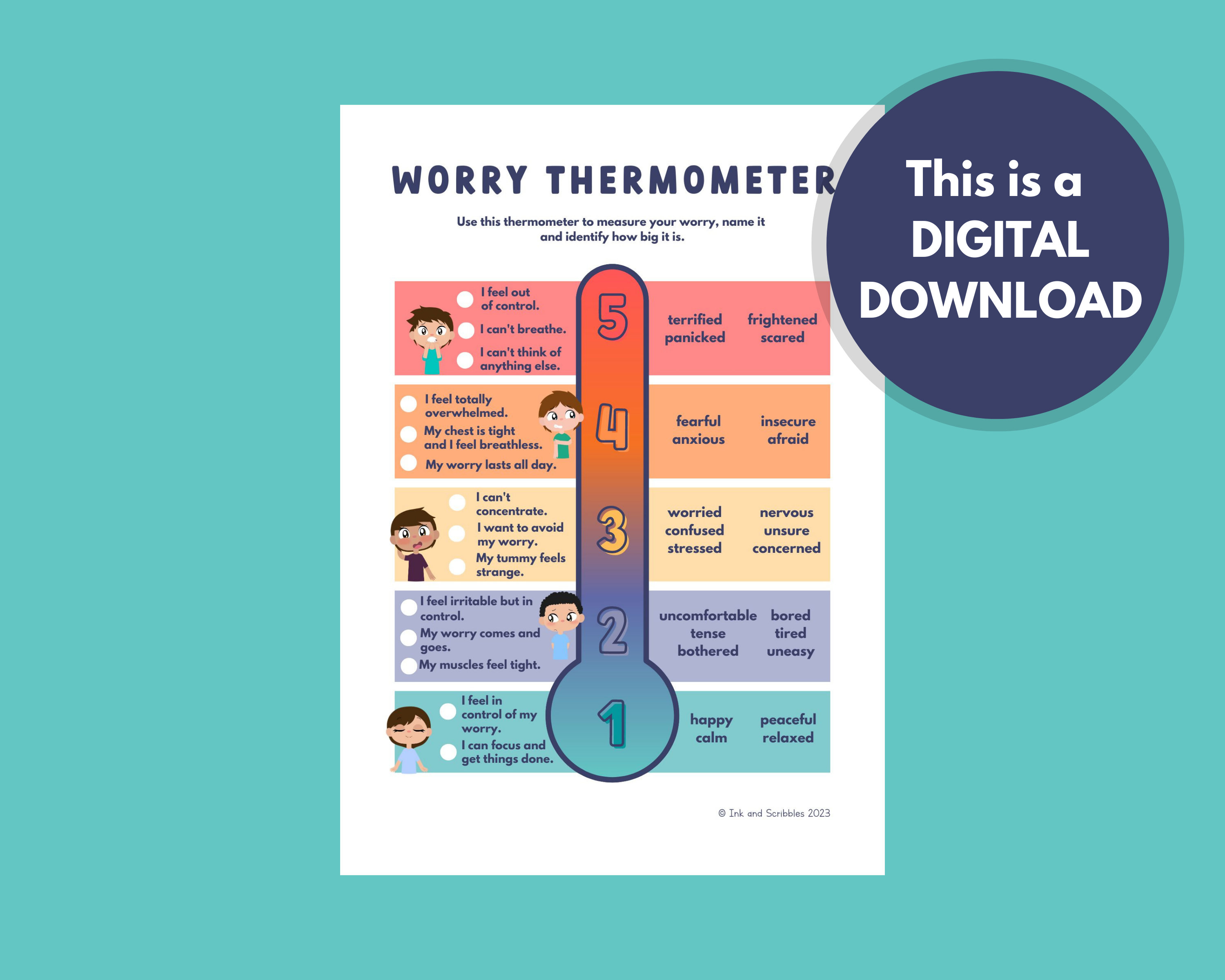 Anxiety Thermometer PRINTABLE for Kids | Worry 5 Point Scale to ...