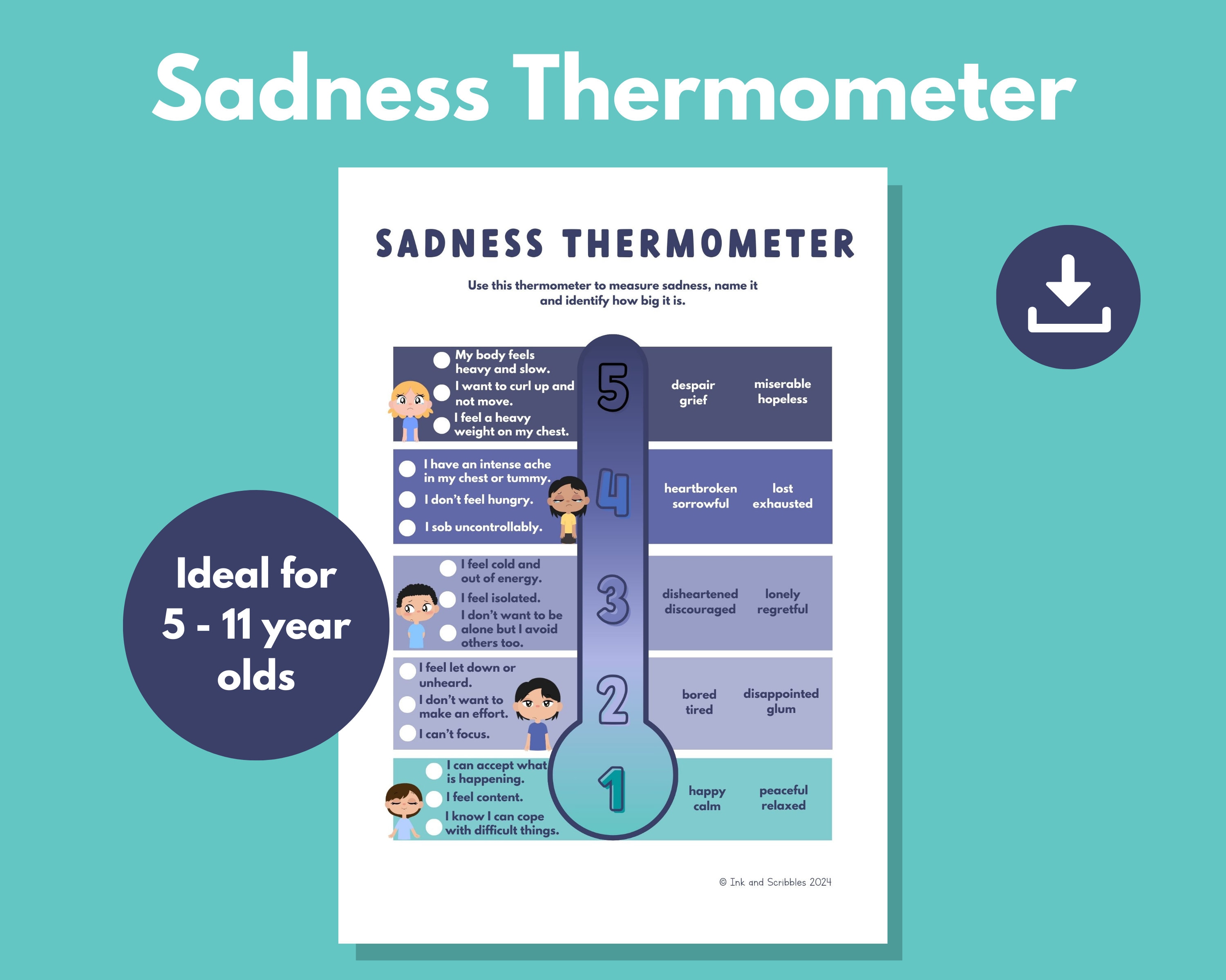 Sadness 5 Point Scale Thermometer PRINTABLE for Kids Child Grief, Loss ...
