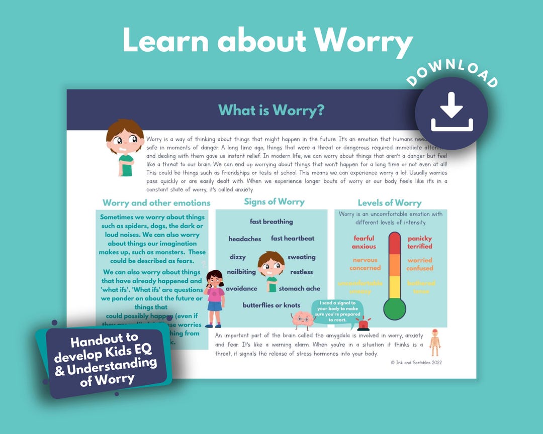 Kids Worry Anxiety Information PRINTABLE Handout Sheet Feelings Emotion ...